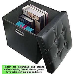 Greenco Faux Leather Tufted Ottoman Stool, Square Ottoman Storage Cube, Seat and Foot Rest, Collapsible and Versatile Black Storage Box