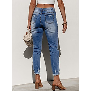 Sidefeel Women's Distressed Raw Hem Boyfriend Jeans Ripped Straight Leg Denim Pants Sky Blue Size 16