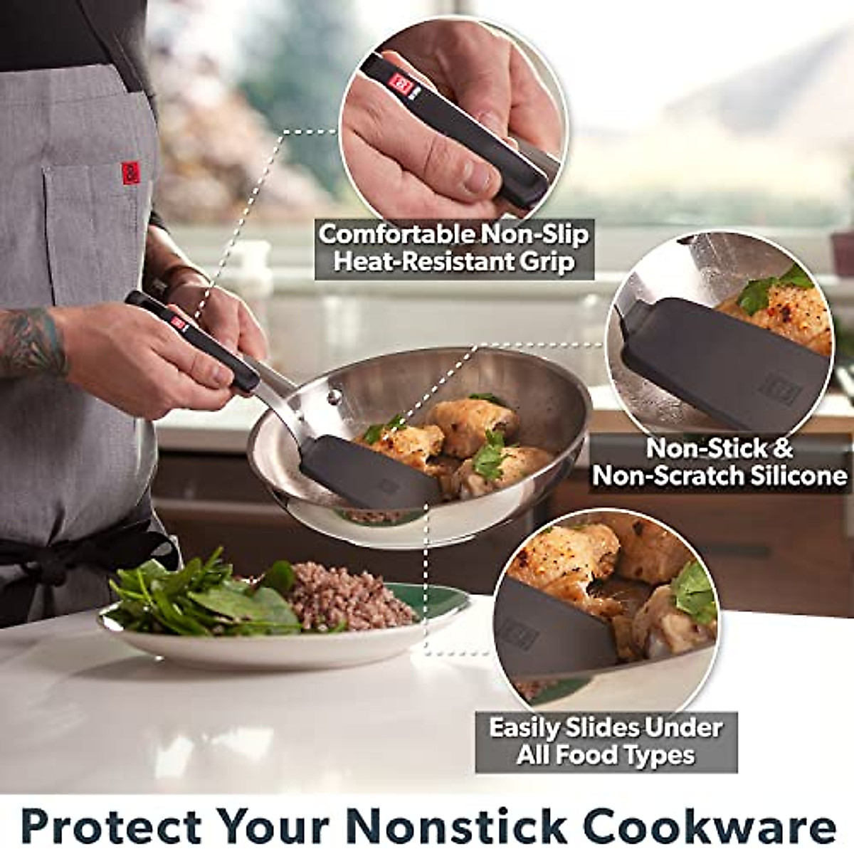 DI ORO Silicone Turner Spatula Set - Kitchen Spatulas for Nonstick Cookware - Flexible & Thin Cooking Turners for Flipping Pancakes & Eggs - 600°F Heat-Resistant & BPA Free - Dishwasher Safe (Black)