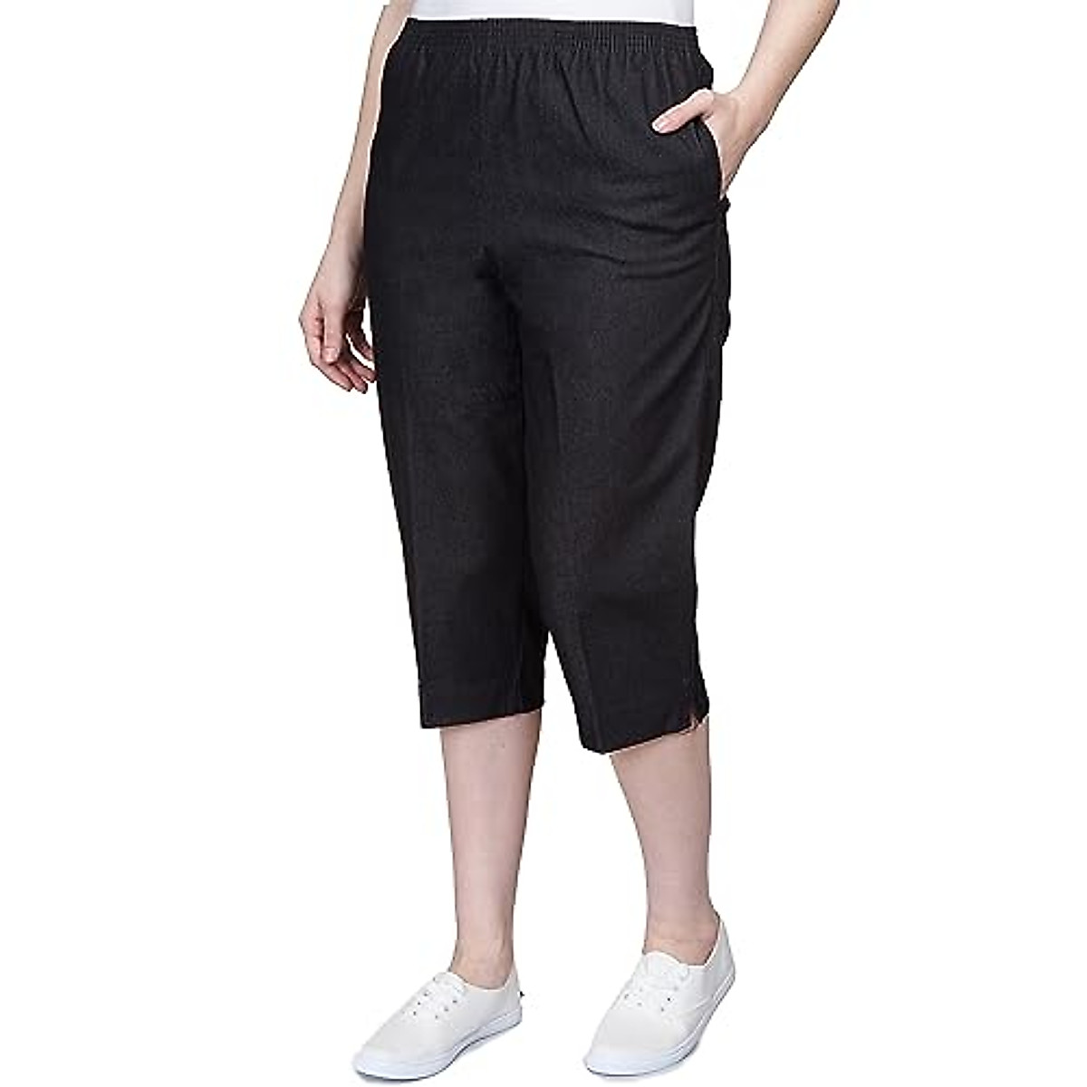 Alfred Dunner womens All Around Elastic Waist Denim Petite Capris - Elastic Waist Jeans Pants, Black, 16 Petite US