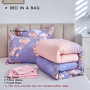 AIKASY Pink and Light Purple Queen Comforter Set with Sheets,Bed in a Bag 7-Pieces,Branches and Flowers Printing Design,Ultra Soft Down Alternative All Season Bedding Set(Queen,Blossom Stem)