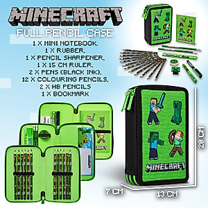 Minecraft Children's Pencil Case with Multiple Compartments, Stationery Included – School Supply (Green Mob)