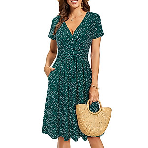 OUGES Women's 2025 Summer Short Sleeve V-Neck Floral Short Party Dress with Pockets(Green Polka Dot,S)