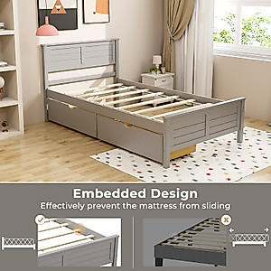Giantex Wood Twin Bed with 2 Storage Drawers, Solid Wood Platform Bed with Headboard, Wooden Slats Support Mattress Foundation, No Spring Needed, Twin Bed Frame for Kids, Teens, Adults, Grey