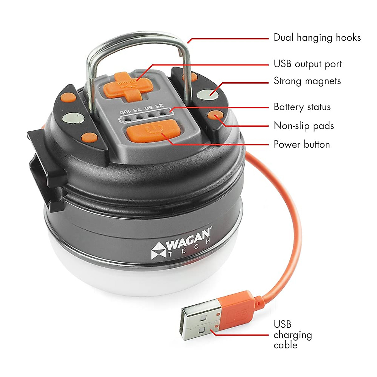 Wagan EL4305 LED Camping Lantern Dimmable Spotlight USB Rechargeable 260LM Magnetic Base Hanging Hook for Emergency Outdoor Hiking Home and Car