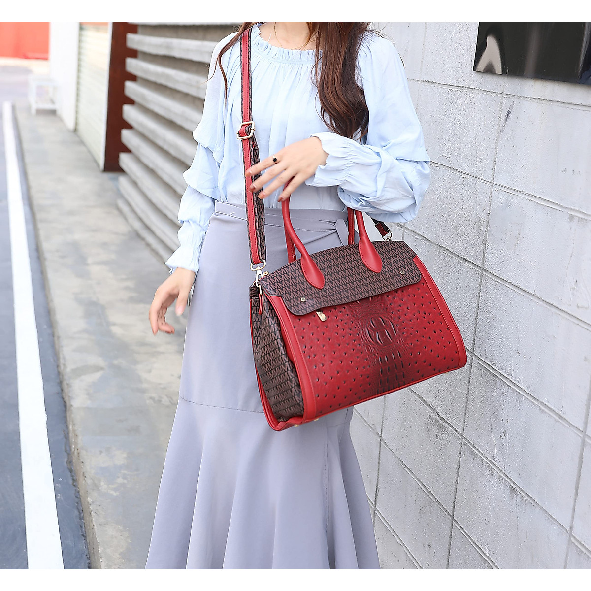 MKF Crossbody Shoulder Bag for Women – PU Leather Top Handle Pocketbook – Roomy Tote Satchel Handbag Purse Navy