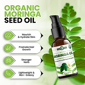 USDA Organic Moringa Seed Oil: 100% Pure, Cold Pressed, Unrefined Moringa Oleifera Seed Oil. 2 oz Bottle with Treatment Pump. For Skin and Hair - Food Grade for Oral Consumption