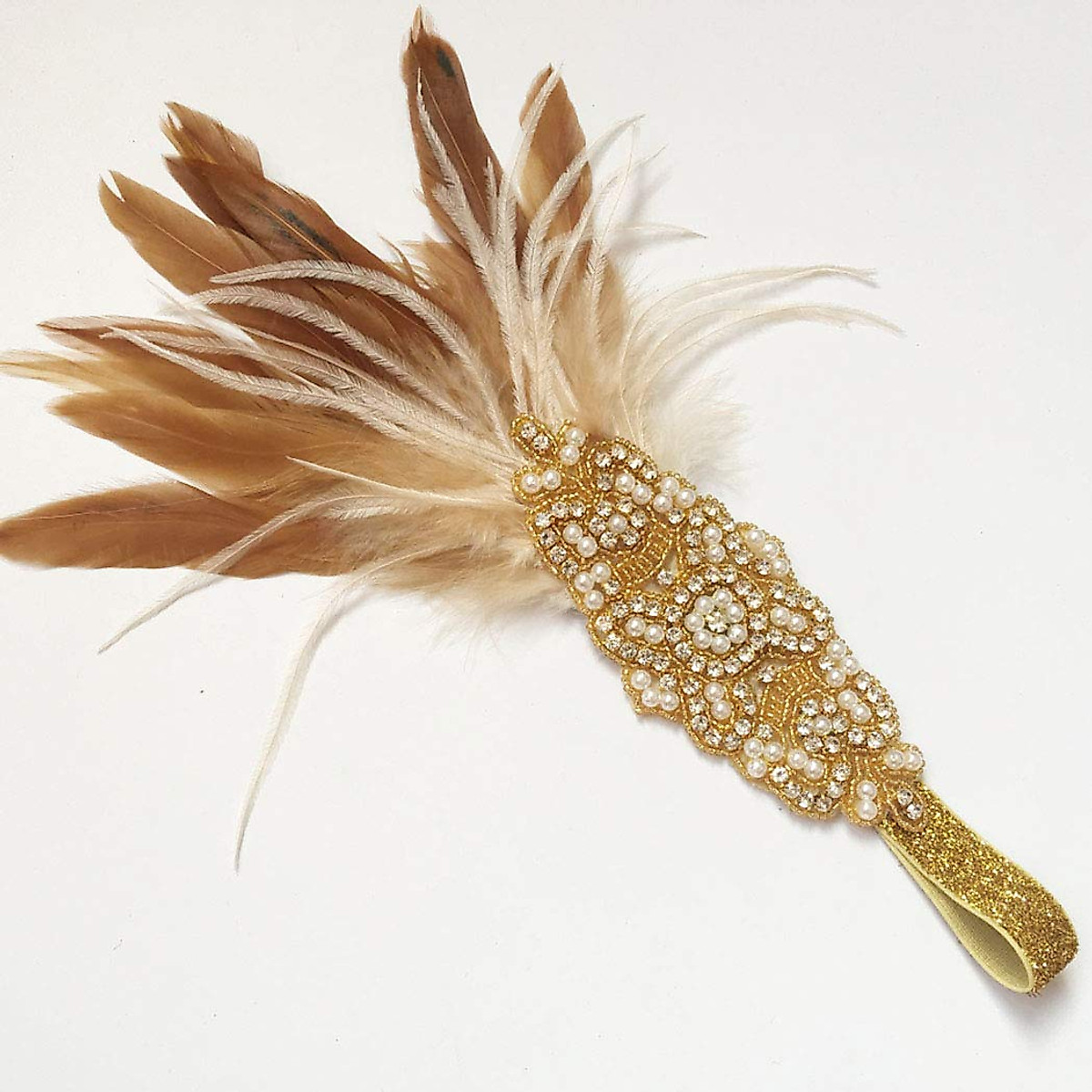 Asooll 1920s Feather Headband Gold Vintage Crystal Flapper Headpiece Headdress Prom Head Accessories for Women and Girls
