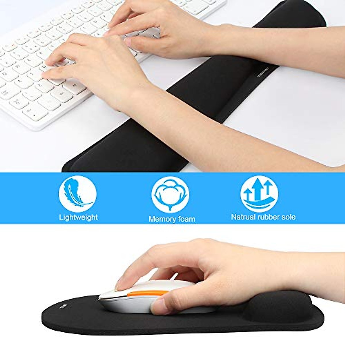 TECKNET Keyboard Wrist Rest and Mouse Pad with Wrist Support, Memory Foam Set for Computer/Laptop/Mac, Lightweight for Easy Typing & Pain Relief Ergonomic Mousepad (Black)