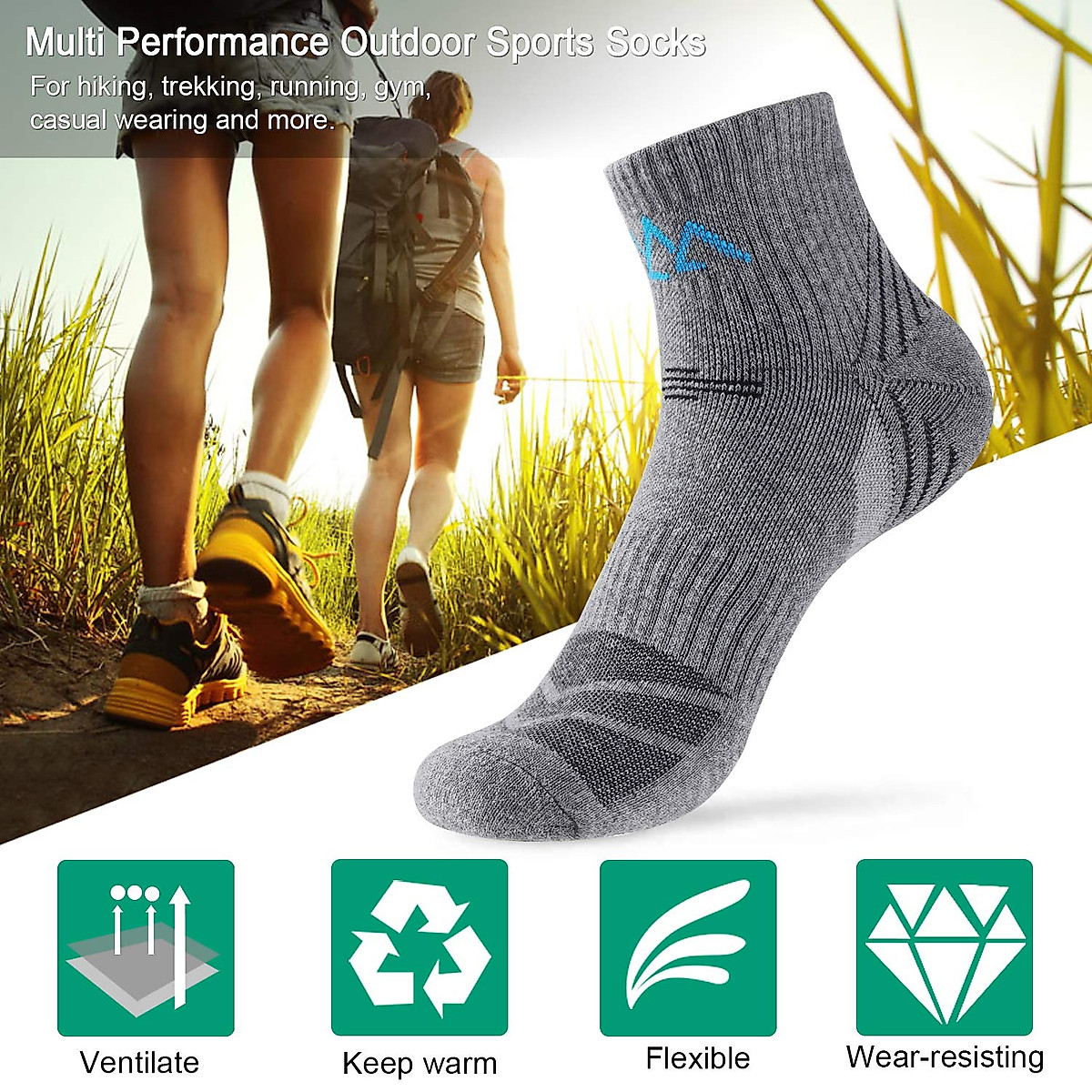 innotree 5 Pack Men's Cushioned Hiking Walking Running Socks,Moisture Wicking Multi Performance Quarter Crew Athletic Cotton Socks