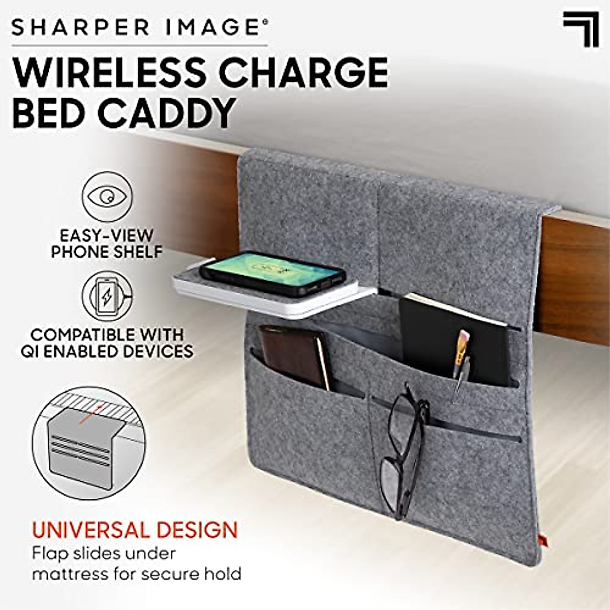 Sharper Image Wireless Qi-Charging Bed Caddy, Soft Fabric Organizing Pockets with Phone Shelf and Universal Bed Attachment