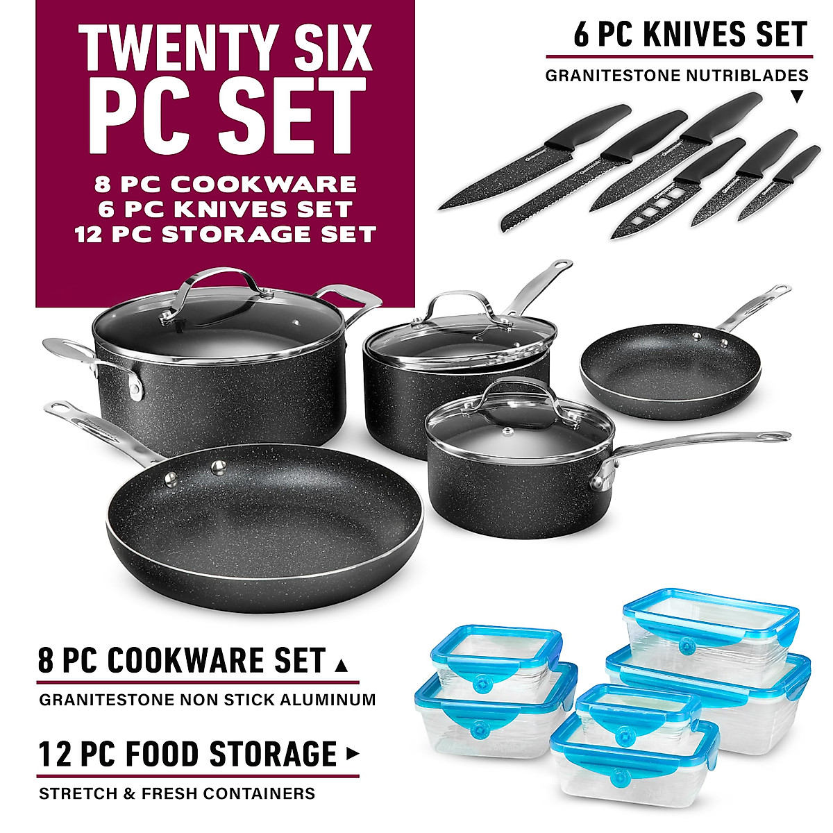 Granitestone 26 Pc Pots and Pan Set Non Stick with Sharp Nutribade Knife Set + Storage Containers, Non Stick Cookware Set, Non Stick Pots and Pan Set, Pot Set, Oven and Dishwasher Safe