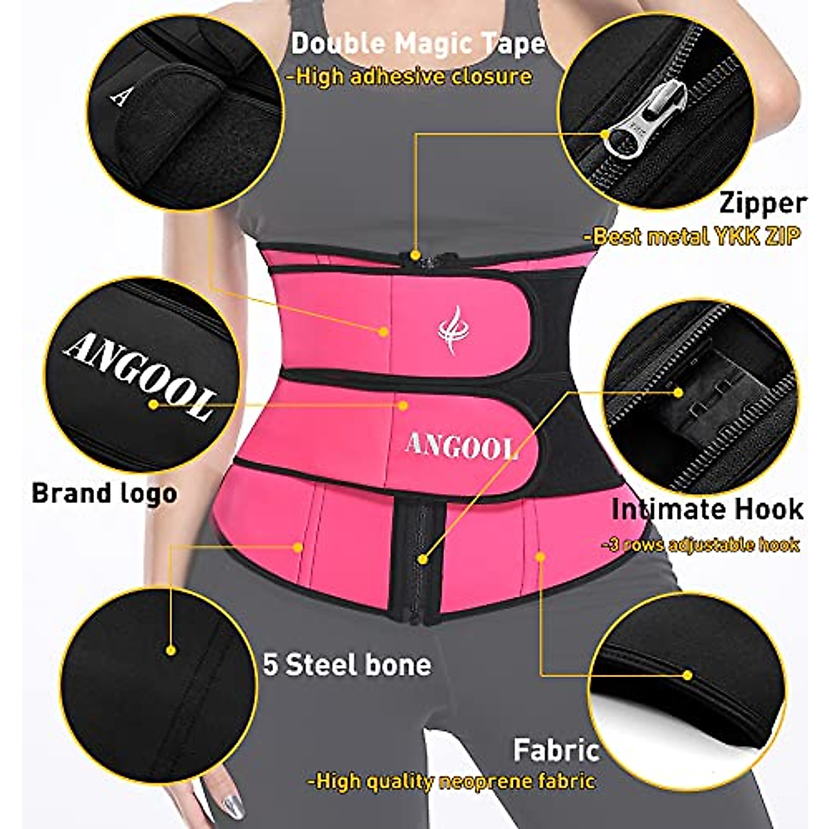 ANGOOL Neopren Waist Trainer for Women,Workout Plus Size Trimmer Belt Sauna Sweat Corset Cincher with Zipper L Pink