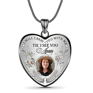 Drawelry Personalized Photo Memorial Necklace Customized Picture Pendant With Angel Wings Sterling Silver Snake Chain for Women Men Heart Memory Necklace Jewelry Gift for Anniversary Loving Memory