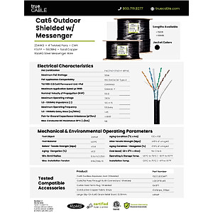 trueCABLE Cat6 Outdoor W/Messenger, Shielded FTP, 1000ft, UV, Aerial, CMX, Black, 23AWG Solid Bare Copper, 550MHz, PoE++ (4PPoE), ETL Listed, Bulk Ethernet Cable