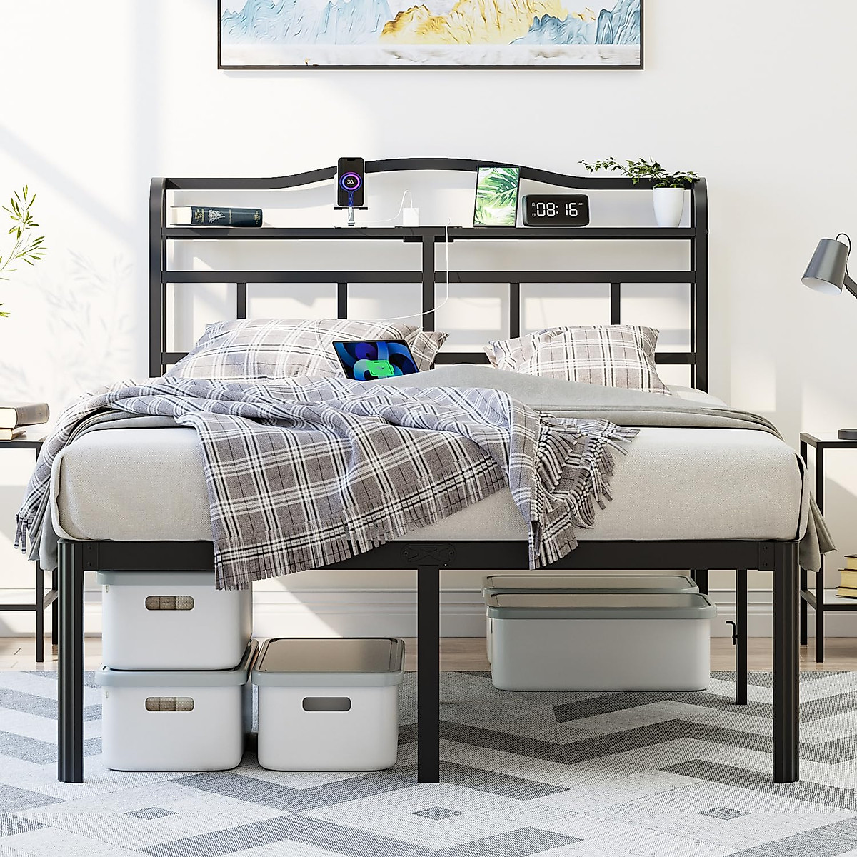 YORMDMO Queen Bed Frame - Storage Headboard with Charging Station, Easy Assembly, Heavy Duty Metal Bed Frame, No Box Spring Needed, 18 Inch, Black