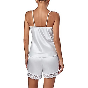 LYANER Women's 3pcs Sleepwear Silk Satin V Neck Lace Trim Cami Top and Shorts Pajama Set with Robe White Small