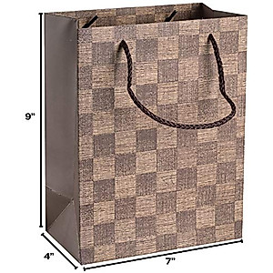 Checkered Gift Bags Set (12 Pack)- 9”x 7”x 4” Unique Design with Durable Ribbon Handles, Beautiful Present Bags Best for Birthday, Wedding and Party Favors (Brown)