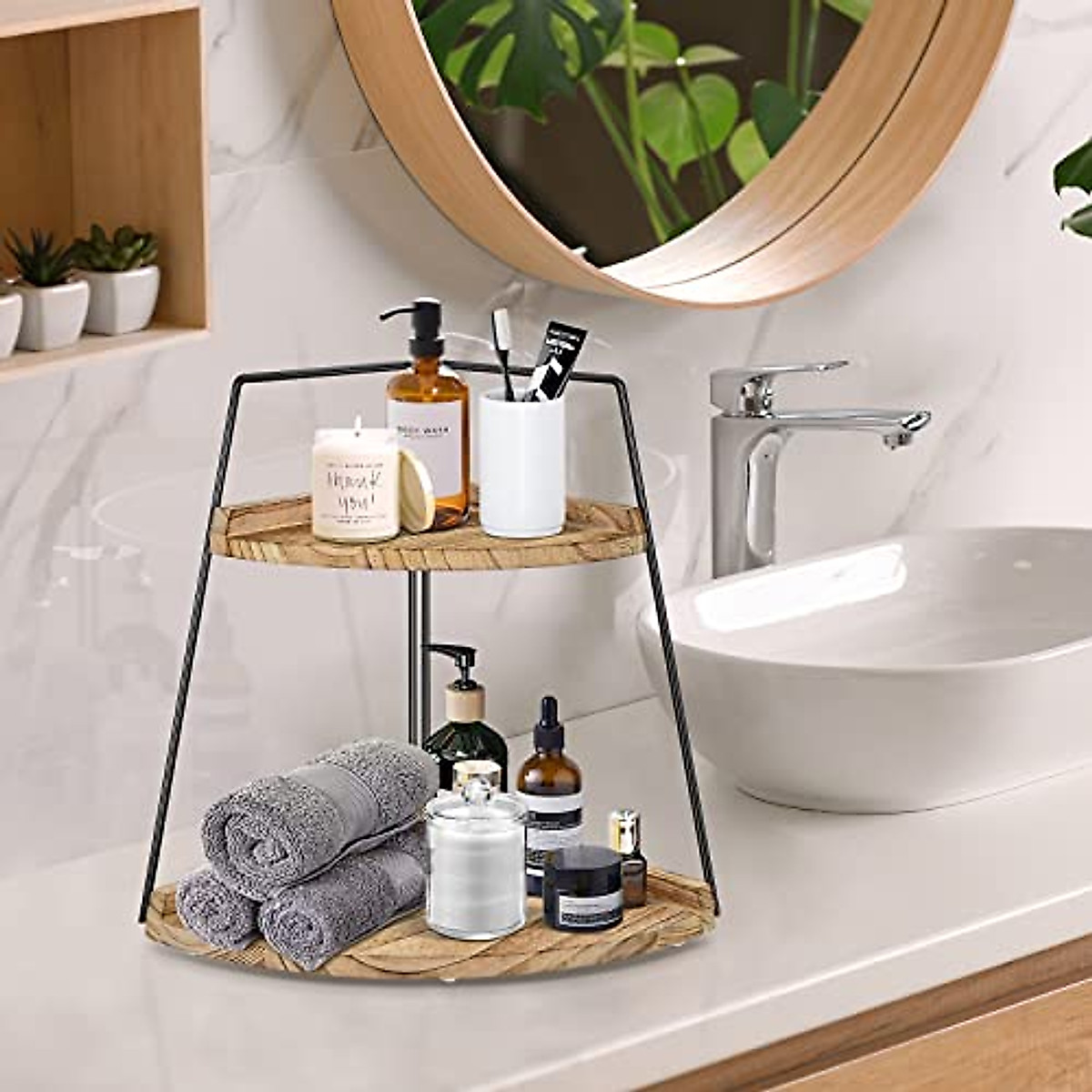 PICKKROSS 2 Tier Bathroom Counter Organizer, Wood Bathroom Organizer Countertop, Corner Storage Shelf Counter Standing Rack, Cosmetic Vanity Tray Kitchen Spice Rack, Bathroom Organizer and Storage