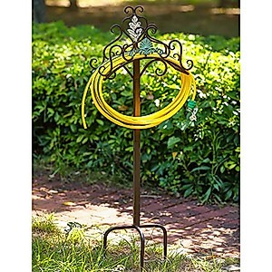Garden Hose Holder Freestanding Hose Stand Outdoor Floral Leaf Decorative Water Hose Storage Holders Antique Metal Hose Hangers for Outside Lawn Yard