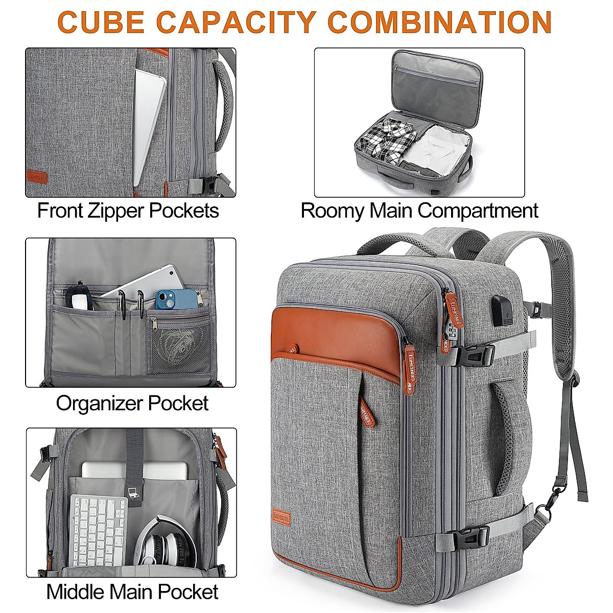 Carry on Backpack, Extra Large 40L Flight Approved Travel Backpack for Men & Women,Expandable Large Suitcase Backpacks With 4 Packing Cubes,Water Resistant Luggage Daypack Business Weekender Bag,Grey