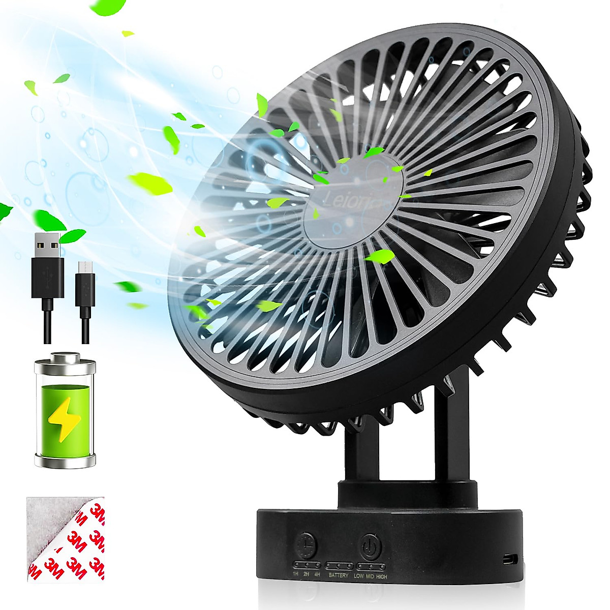 LEIORIO Small Fan Rechargeable,3 Speed Timable Desk Fan with 90° Head Rotation,Small Office Fan for Office,Portable Fan for Indoor,Outdoor,Travel,Energy Efficient Ultra Usage Time Quiet Fan