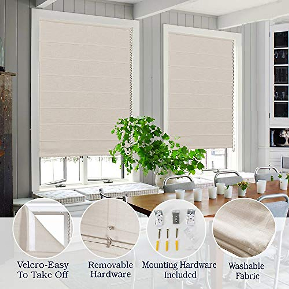 Sunbox Cordless Roman Shades for Windows, Fabric and Texture Roman Shade,Window Treatments,for Home,Bedroom,French Door,Linen