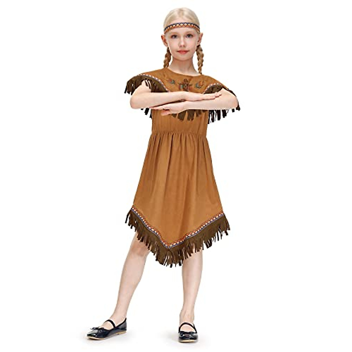 IIMMER Girls Halloween Native American Costume Brown Fringed Indians Pleated Aline Dress Outfit with Headband 9-10 Years