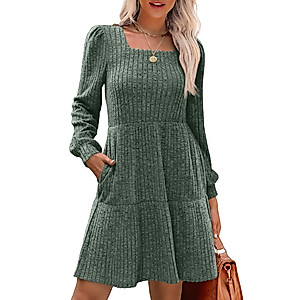 Womens Dresses Square Neck Winter Christmas Long Sleeve Spring Dress with Pockets 2024 Green M