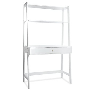 Milliard Ladder Desk with Storage, Freestanding Wall Computer Desk with Drawer and Shelves, White