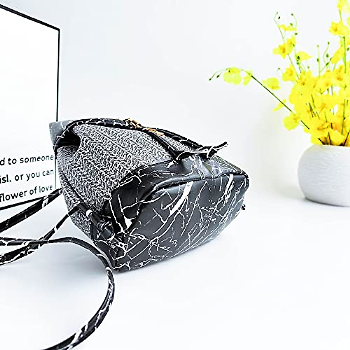 Drawstring Small Backpack Bag Women Pattern Cover Stone Backpack Tassel Lock Mini Backpacks for (Black-b, One Size)