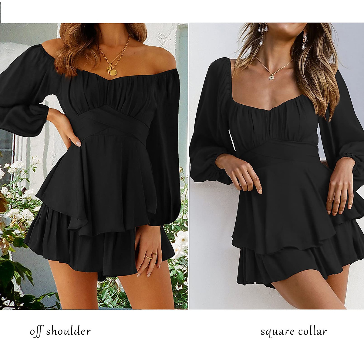 Fixmatti Womens Lantern Long Sleeve Shorts Romper Tie Waist Chiffon One Piece Outfits Solid Jumpsuit Black M