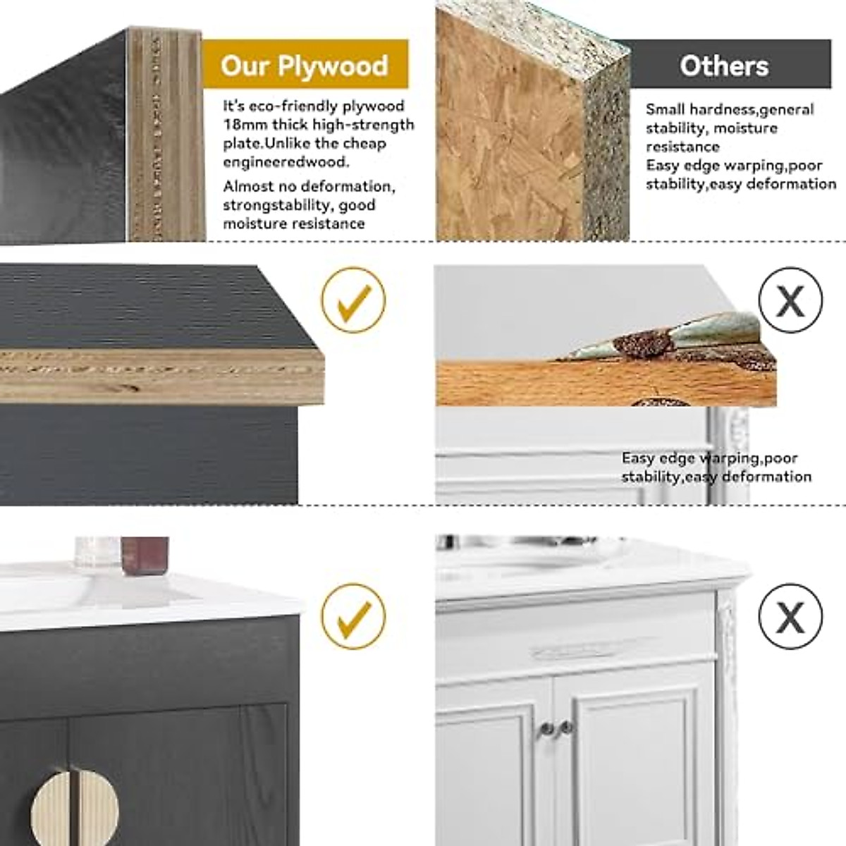 QuixotYDDZ 24 Inch Modern Freestanding Solid Wood Bathroom Cabinet, Bathroom Vanity with Ceramic Sink Combo, Bath Cabinet with 2 Doors and Open Shelf for Small Space, Solid Wood, Black