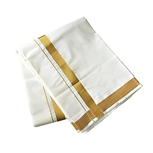 Angavastram Cotton Traditional Pooja Angvastra Towel Gamcha Shaluva Kanduva Kasavu for Religious Occasion Wedding New Year Temple Puja Rituals Housewarming (Cream with Gold Zari Border)