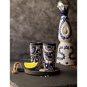 Casa Fiesta Designs Mexican Shot Glasses, Hand-painted Ceramic Tequila Shot Glass Made in Mexico - Great for Tequila, Mezcal and Sangrita, 2 oz - Blue and White - Tequilero Azul y Blanco (Pack of 4)