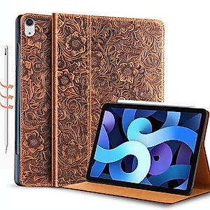 Gexmil Leather Case for iPad Air 11 Inch M2 2024,Genuine Leather Folio Cover for iPad Air5/ Air4 10.9 inch 2022/2020 with Pencil Holder, Auto Sleep/Wake,Shockproof,Pattern-Brown