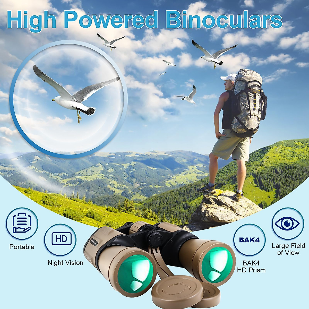 PISEZ 20X50 Binoculars for Adults High Powered with Low Light Vision，Large View Waterproof Binoculars for Bird Watching Hunting Concert Traveling Theater Opera Sightseeing