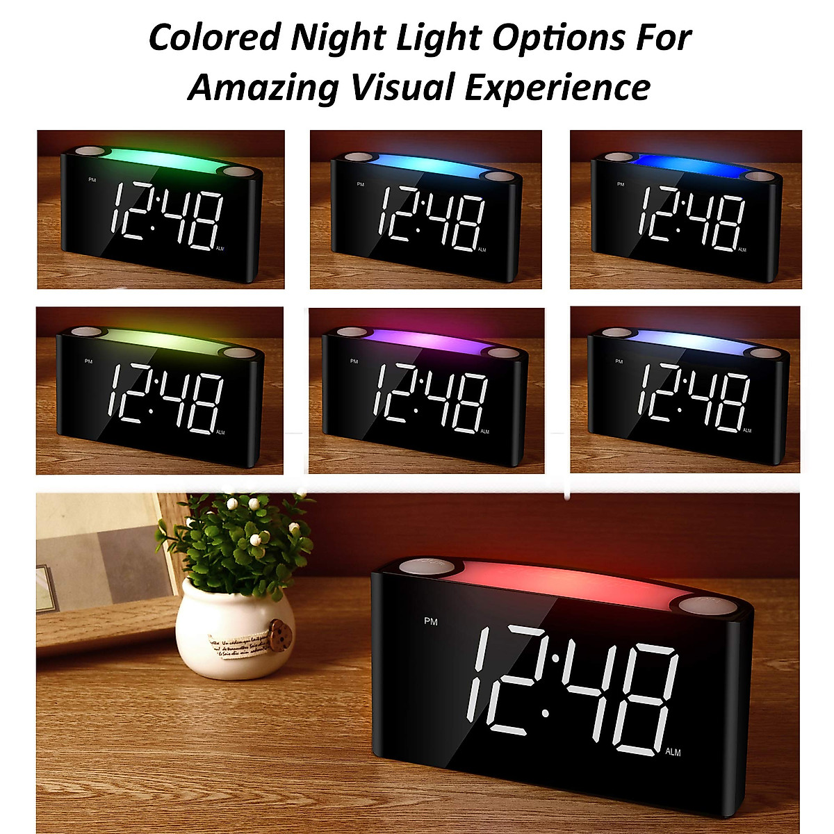 Mesqool Loud Alarm Clock for Heavy Sleepers and The Hearing Impaired - with Bed Shaker, 2 USB Chargers, 7-Color Nightlight, Large LED Display, Dimmer, Snooze, 12/24H DST and Plug-in Battery Backup