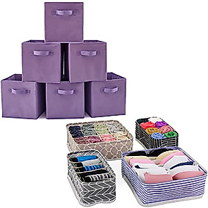 EZOWare Bundle Kit 6 Pcs Purple Collapsible Fabric Cube Storage Bin Baskets + 4 Closet Wardrobe Dresser Drawer Organizer Divider For Organizing Nursery Baby Clothes