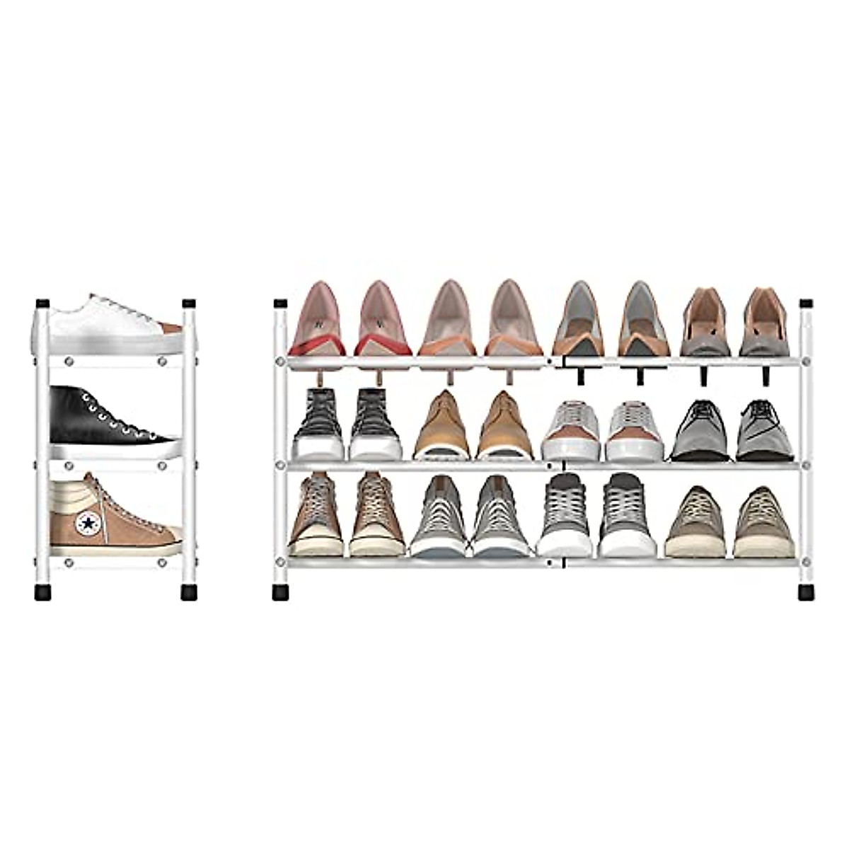 TZAMLI 3-Tier Stackable Closet Shoe Rack Organizer, Expandable and Adjustable Metal Shoes Shelf Storage Small Shoe Rack for Entryway Dorm, White