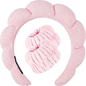 Spa Headband Wrist Towels Scrunchies/Wristband Set for Washing Face, Skincare Headbands for Women Terry Towel Cloth Fabric Puffy Sponge Facial Headband Hair Bands Wristbands for Makeup, Shower Pink