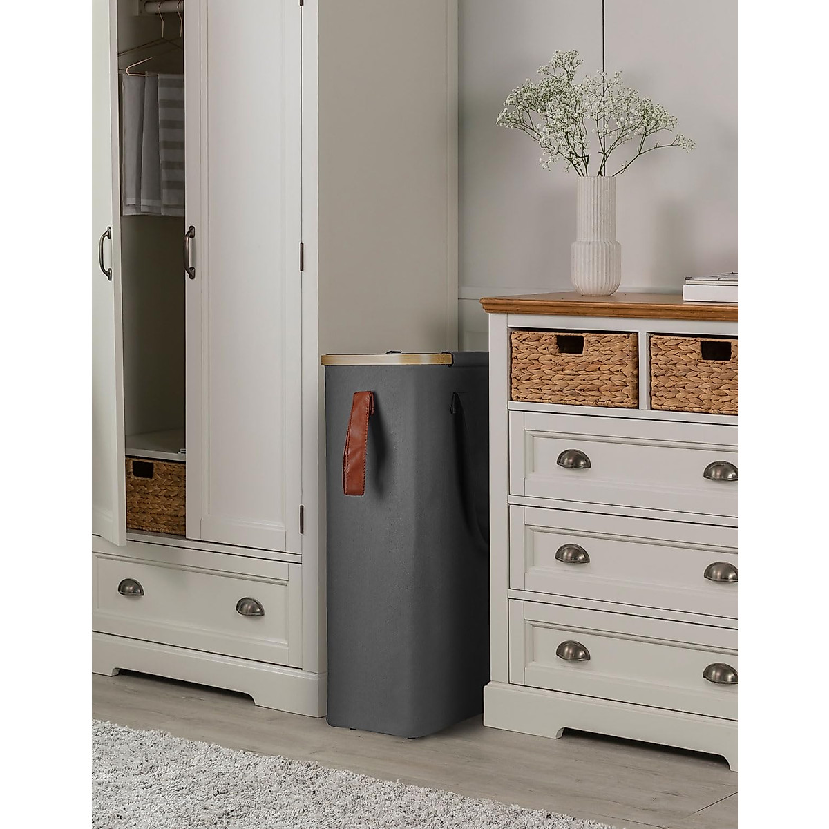 yamagahome Slim Laundry Basket with lid, Collapsible Narrow Laundry Hamper with Removable Washable Laundry Bag, Thin Hamper Storage Basket Made of Bamboo and Oxford for Bedrooms, Bathroom, RV, 52L