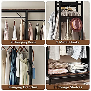 Tribesigns Freestanding Closet Organizer, Clothes Rack with Drawers and Shelves, 6 Hooks, Hanging Rods, Heavy-duty Garment Rack Wardrobe Closet Clothing Storage for Bedroom, Rustic Brown