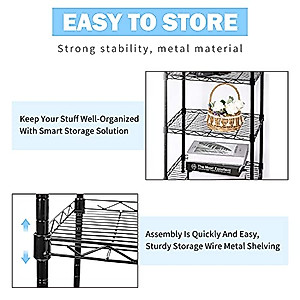 SUNLPH 5-Tier Wire Shelving Adjustable Shelves Unit Metal Storage Rack for Laundry Bathroom Kitchen Pantry Closet Organization (Black, 16.6" L x 11.4" W x 49.1" H)