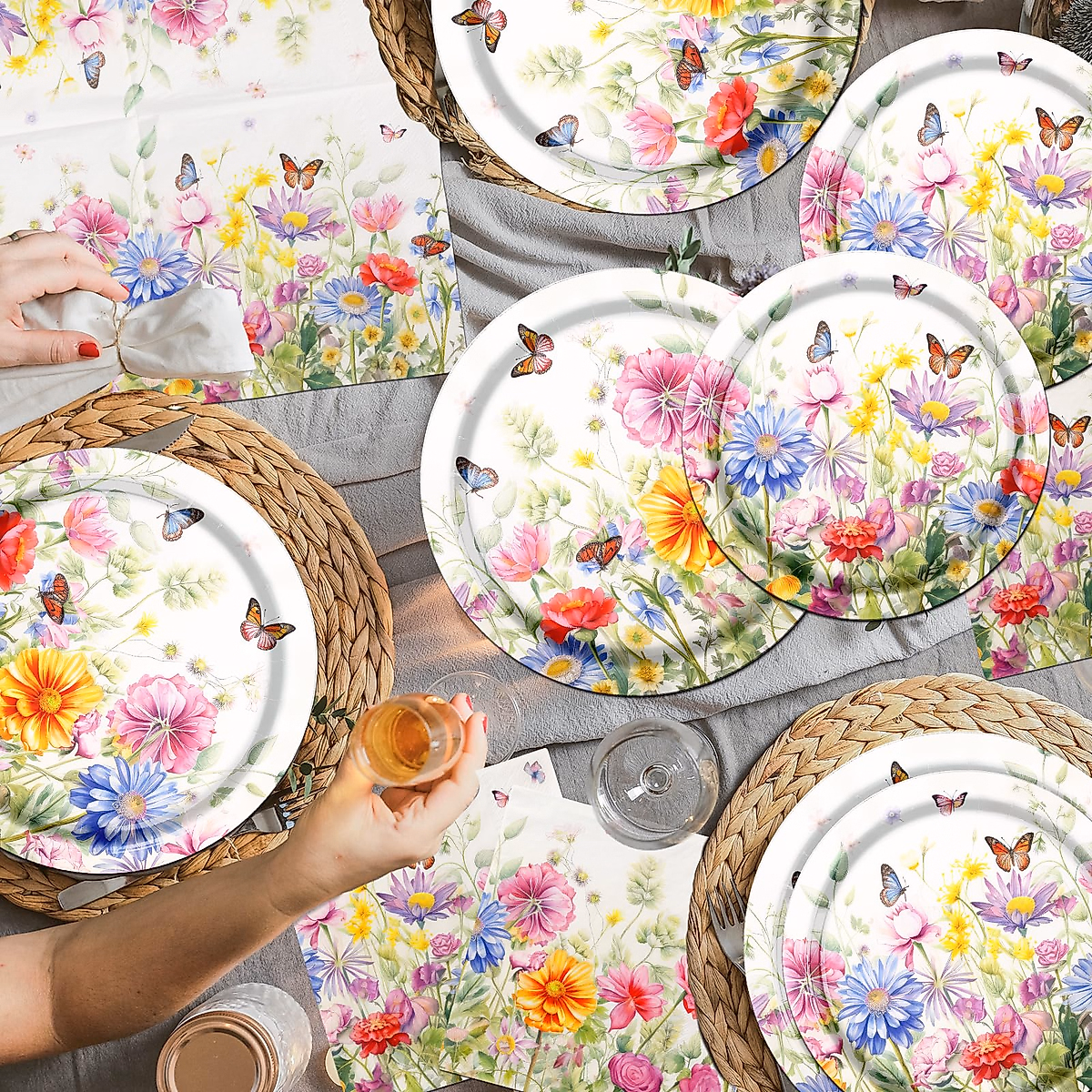 CMUSKO Wildflower Party Decorations, 60Pcs Floral Paper Plates Napkins Table Decorations, Wildflower Decor Tableware Set for Spring Summer Birthday Baby Shower Bridal Shower Garden Tea Party