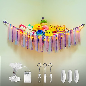 ieBabay Stuffed Animal Net or Hammock with Led Light, Boho Stuffed Animal Storage Organizer, Plush Toy Hammock Net, Hanging Plushie Net, Toddler Hammock for Nursery Room Decor