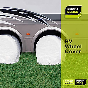 Smart Design RV Wheel Covers - Model 4 - Protects Against Rust & Outside Storage Damage - Trailer, Semi Trucks, Travel, & Large Vehicle Tires (2-Pack) (Fits 32-34.5" Diameter Wheels) [White w/ Felt]