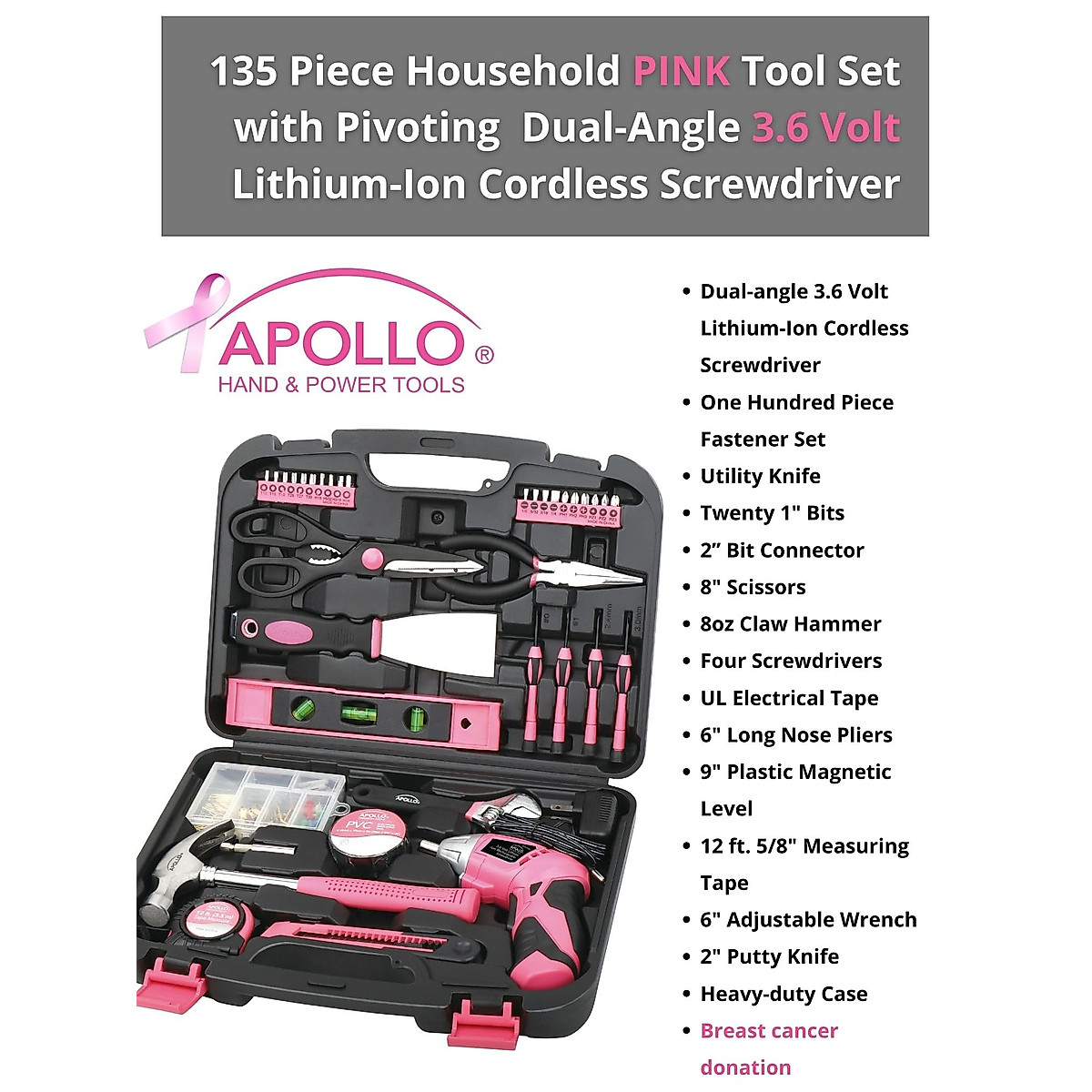 135 Piece Household Tool Kit Pink with Pivoting Dual-Angle 3.6 V Lithium-Ion Cordless Screwdriver - DT0773N1