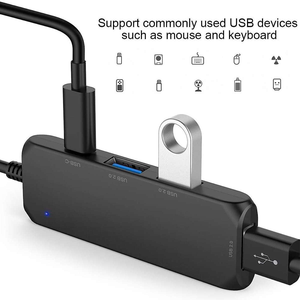 USB C Hub 4-Port Splitter Expansion Cable Adapter Compatible with USB 2.0/1.2/1.0 Supports commonly Used USB Devices Such as Mouse and Keyboard, USB Fan