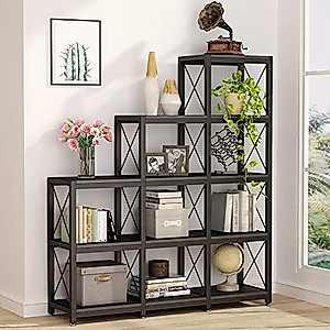 Tribesigns 12 Shelves Bookshelf, Industrial Ladder Corner Bookshelf 9 Cubes Stepped Etagere Bookcase, Rustic 5-Tier Display Shelf Storage Organizer for Home Office (Black)
